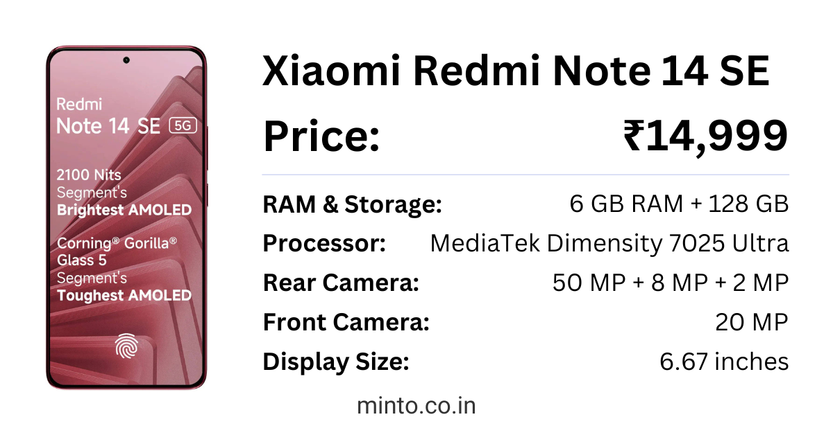 Xiaomi Redmi Note 14 SE Latest Price in India & Full Specs - Minto